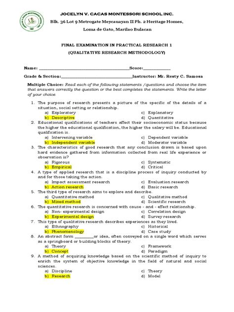Practical Research 1 Final Exam Sampling Statistics Science
