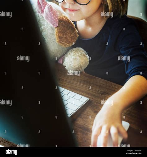 Girl Connection Using Playing Computer Concept Stock Photo Alamy