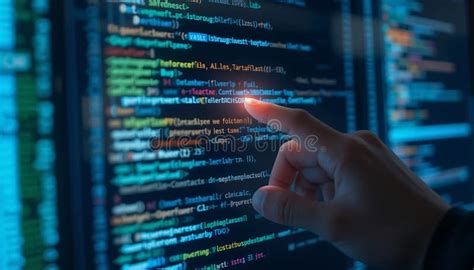 pointing at computer code on screen with finger for correction stock