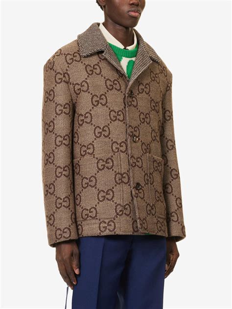 Gucci Monogram Pattern Wide Collar Wool Jacket In Brownbeige Endource