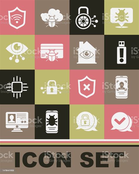 말풍선 모바일 및 얼굴 인식 Usb 플래시 드라이브 사이버 보안 시스템 버그 신용 카드 눈 스캔 Wifi 무선 및 하우스 아이 아이콘이있는 쉴드에 확인 표시를 설정합니다