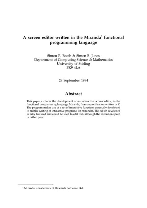 Pdf A Screen Editor Written In The Miranda Functional Programming Language