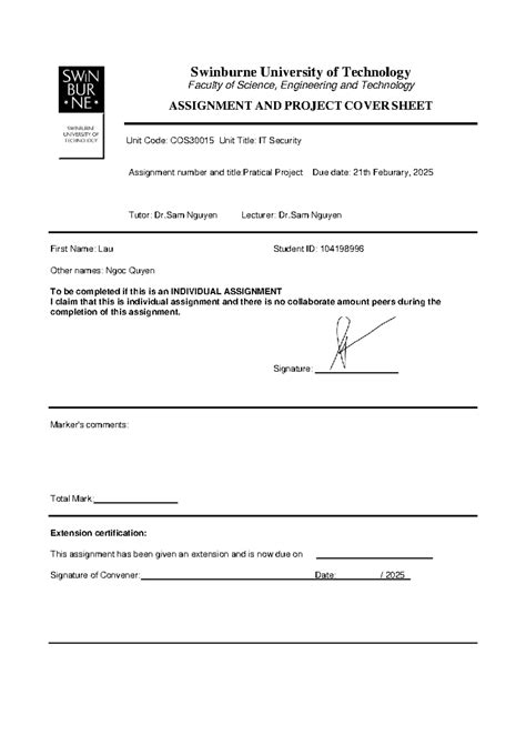 Cos30015 It Security Assignment Cover Sheet Practical Project Studocu