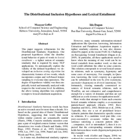 The Distributional Inclusion Hypotheses And Lexical Entailment Acl Anthology