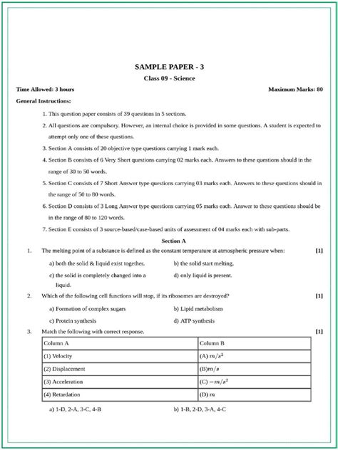 Grade 9 Science Sample Question Paper Pdf