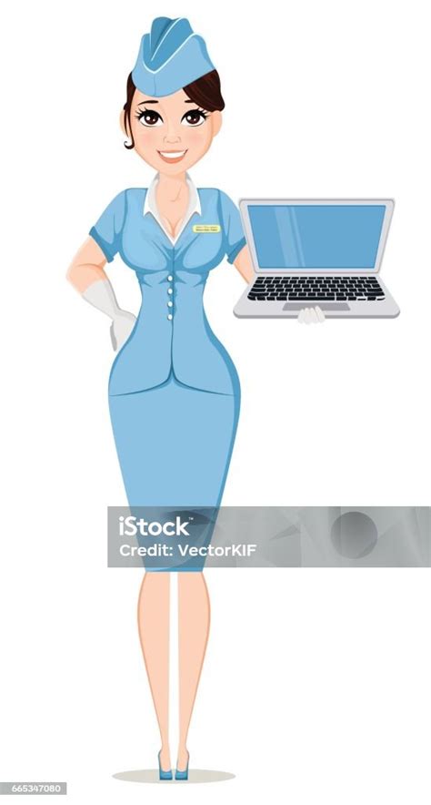 스튜 어디 스 전문 유니폼입니다 현대 노트북을 들고 공기 스튜 어디 스로 일하고 귀여운 웃는 여자 민간 항공기의 승무원 회원입니다 명랑 만화 캐릭터입니다 벡터 재고