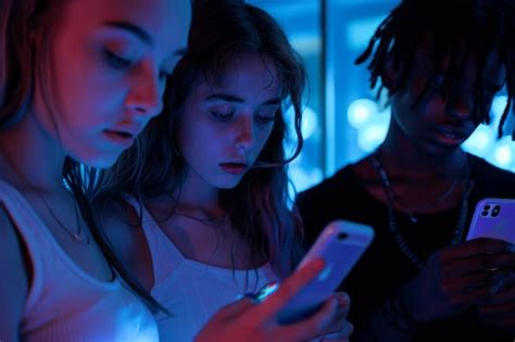 Premium Photo Two Girls Using Cell Phones In Dark Room