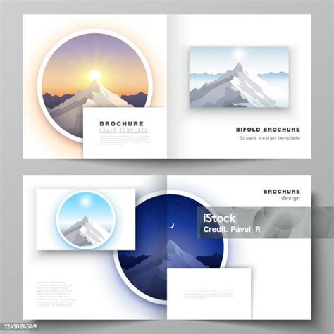 정사각형 디자인 Bifold 브로셔 잡지 전단지 소책자를위한 두 개의 표지 템플릿의 벡터 일러스트 레이아웃 마운틴 일러스트 아웃도어 어드벤처 여행 개념 배경입니다 플랫