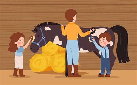 농장이나 경마장에서 말을 정리하는 풍경 평면 벡터 삽화 갈기에 대한 스톡 벡터 아트 및 기타 이미지 갈기 귀여운 꼬리