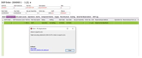 unable to remove a branch of a dop order receiving error ora 01476