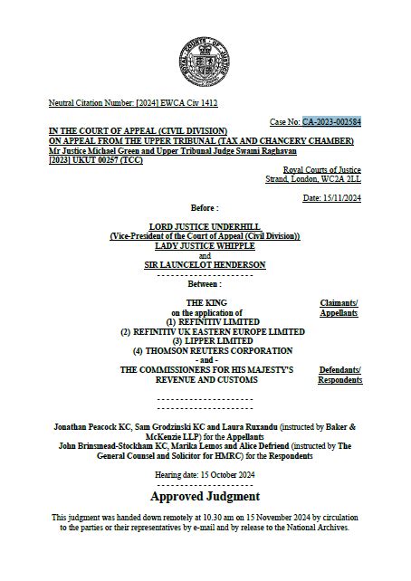 Uk Vs Refinitive And Others Thomson Reuters November 2024 Court Of Appeal Case No 2024