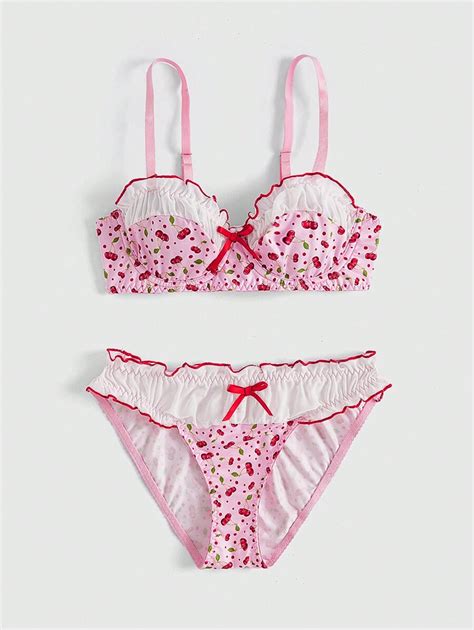 Romwe Kawaii Sweet Cherry Printed Wireless Bra And Panties Set Rural