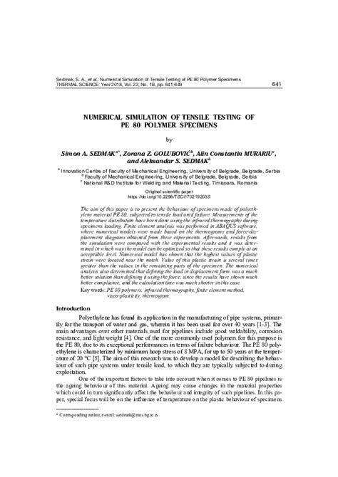 Pdf Numerical Simulation Of Tensile Testing Of Pe 80 Polymer Specimens