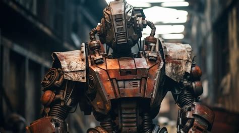 Premium Ai Image A Robot With A Rusty Face Stands In A Warehouse