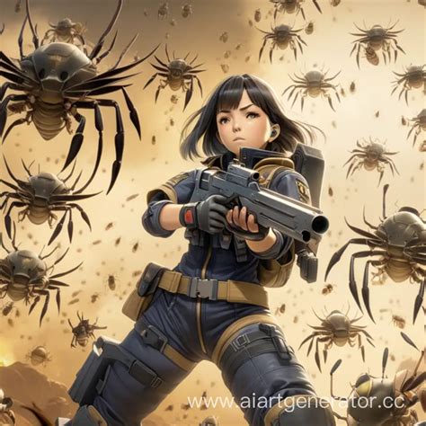 Helldivers 2 Anime Girl Defending Against Swarm Of Bugs Ai Art Generator