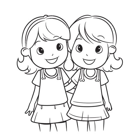Dos Niñas Pequeñas Para Colorear Dibujo De Esquema De Página Vector Png