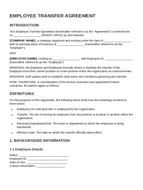 Employee Transfer Agreement Template Form Fill Out And Sign Printable