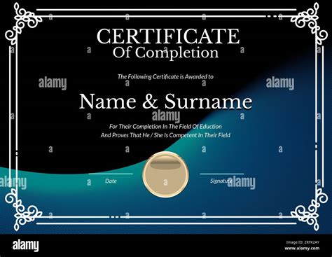 Composition Of Certificate Of Completion Text With Copy Space On Blue And Black Background Stock