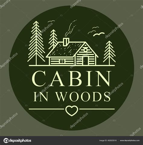 Cabin Woods Pine Trees Linear Vector Nature Emblem Dark Log Stock