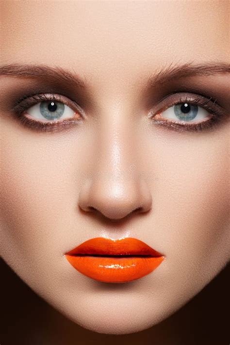 Closeup Model Face With Fashion Make Up Lip Gloss Stock Image Image