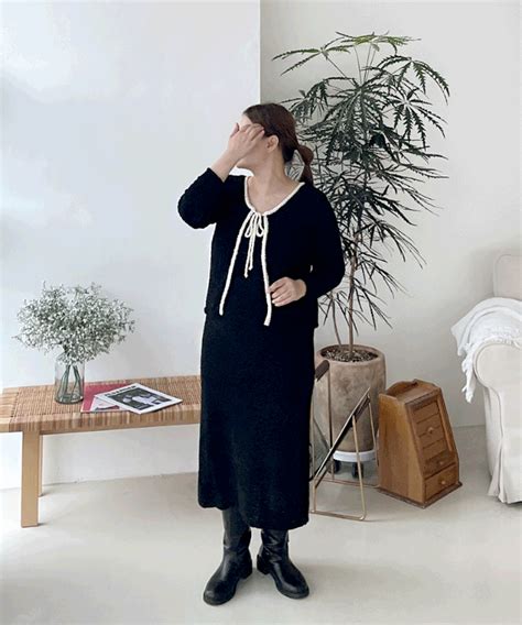 가디건원피스set 뽀글이 부클 배색 리본 골지 니트 투피스 에이블리