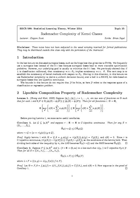 Lecture Notes Lecture 15 Rademacher Kernel Eecs 598 Statistical