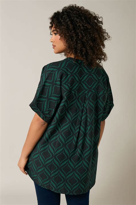 EVANS Plus Size Black Green Geometric Overhead Utility Shirt Evans