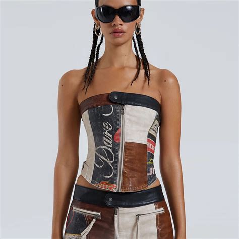 Kliou 2023 New Patchwork Print Leather Zipper Tube Tops Womens Sexy