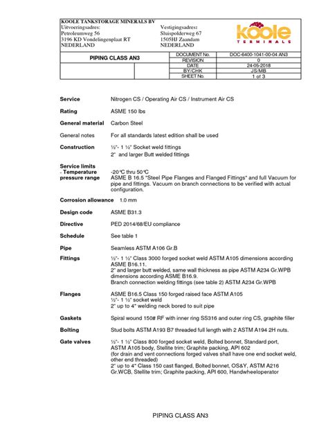 Pipe Specs Class Classan3 Revision 0 23 05 2018 Pdf Pipe Fluid