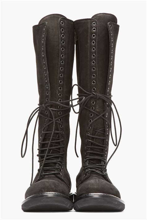 Rick Owens Black Nubuck And Leather Knee High Laceup Combat Boots In