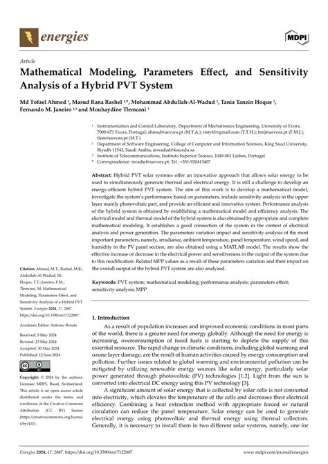 Pdf Mathematical Modeling Parameters Effect And Sensitivity Analysis Of A Hybrid Pvt System