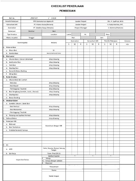 Checklist Pekerjaan Pembesian Pdf