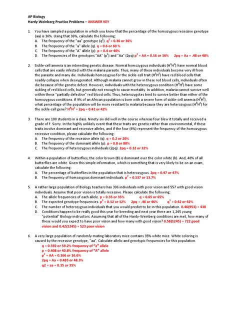 Hardy Weinberg Practice Problems 2017 ANSWER KEY PDF PDF