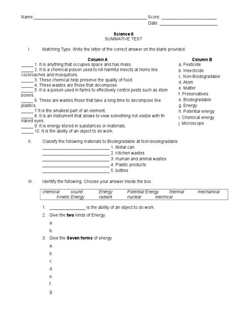 1st Summative Test Science 6docx Chemical Substances Forms Of Energy