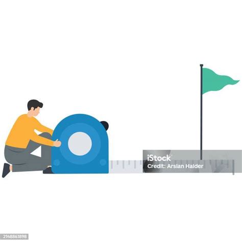 비즈니스 성공 측정 비즈니스 목표 및 달성과의 거리 성장 지표 분석 측정 테이프를 사용하여 측정 목표 플래그와의 거리 분석 개념에 대한 스톡 벡터 아트 및 기타 이미지