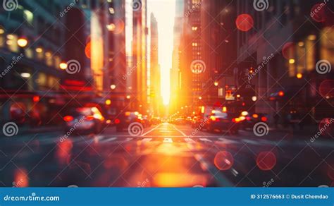 A Busy City Street With Cars And A Bright Orange Sun In The Background
