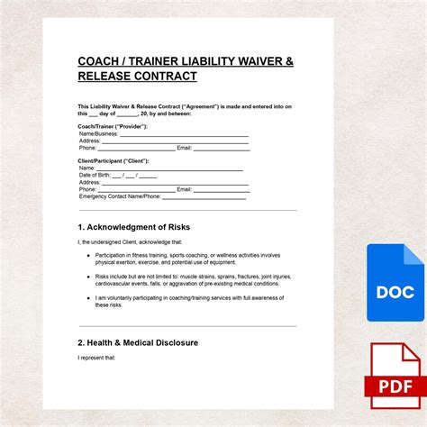 Editable Coachtrainer Liability Waiver Fitness Sports Agreement