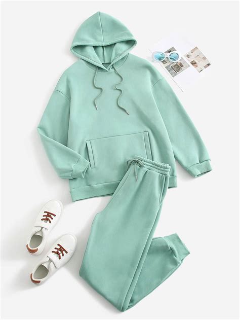 Mint Green Drawstring Hoodie And Sweatpants Set