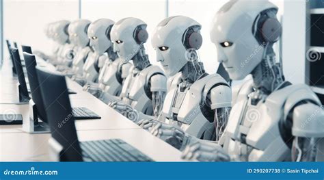 Many Identical AI Robots Sitting at Desks in the Office and Working with Computers: Artificial ...
