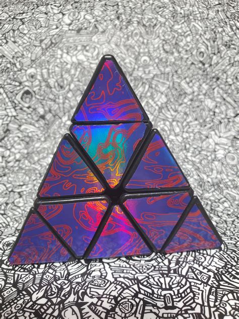 Custom Pyraminx Brown Leather Robot Warzone And Holo Green Damascus Bonus Scrambled Pic