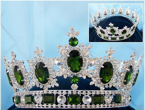 Mens Unisex Rhinestone Silver Full Emerald Green Royal Premium Crown