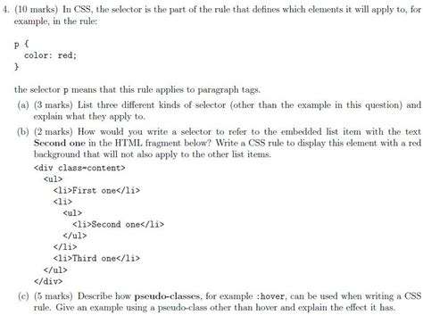 Solved 4 10 Marks In Css The Selector Is The Part Of The