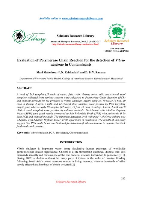 Pdf Evaluation Of Polymerase Chain Reaction For The Detection Of Vibrio Cholerae In Contaminants