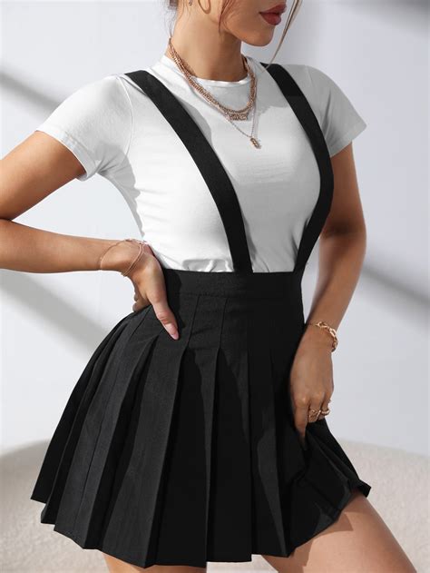 SHEIN Qutie Solid Pleated Suspender Skirt SHEIN USA