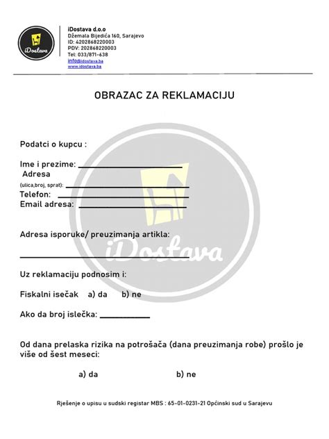 Obrazac Za Reklamaciju Idostavadoo Sarajevo Pdf