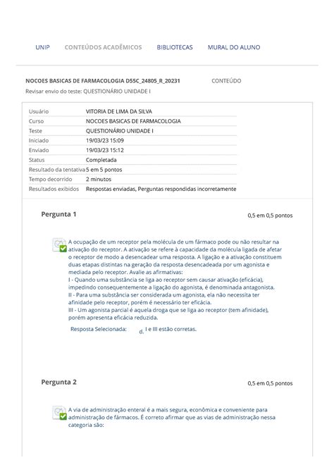 Nocoes Basicas De Farmacologia Questionario 1 Revisar Envio Do