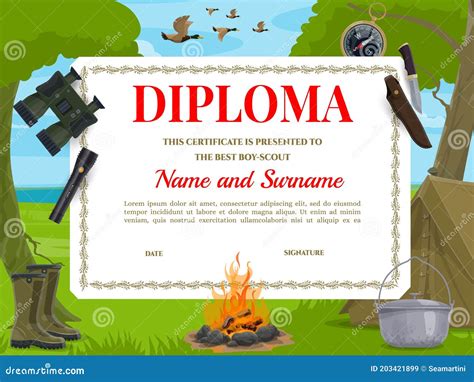 Plantilla De Diploma De Exploradores Con Equipo De Camping Ilustración