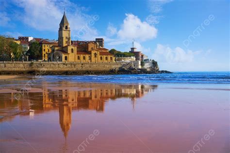 Gijon 해변 산 로렌조와 아스투리아스 스페인 산 페드로 교회 사진 배경 및 무료 다운로드를위한 그림 Pngtree