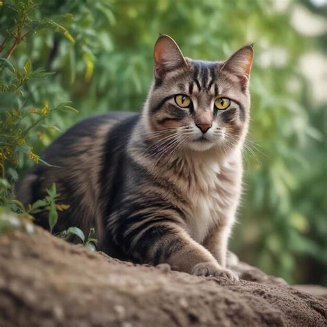 A Cat Is Sitting On A Tree Trunk And Looking At The Camera Premium AI