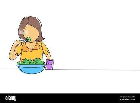 Single One Line Drawing Girl Having Salad Meal With Fork Around Table